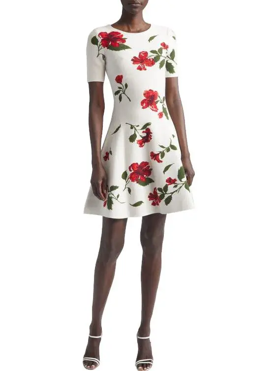 Oscar De La Renta Hibiscus Jacquard Sweater Dress - Red/ecru