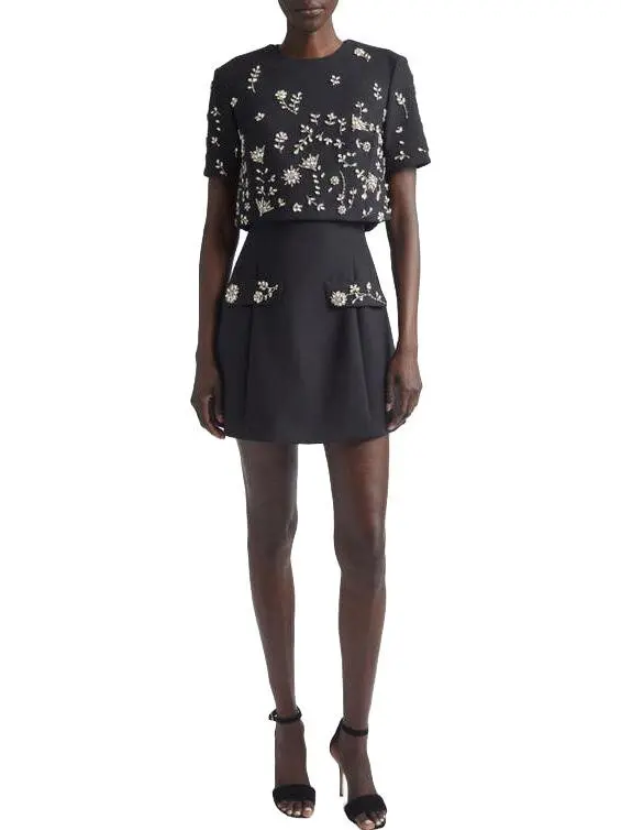 Oscar De La Renta Embellished Crystal Flowers Stretch Wool Cocktail Dress - Black