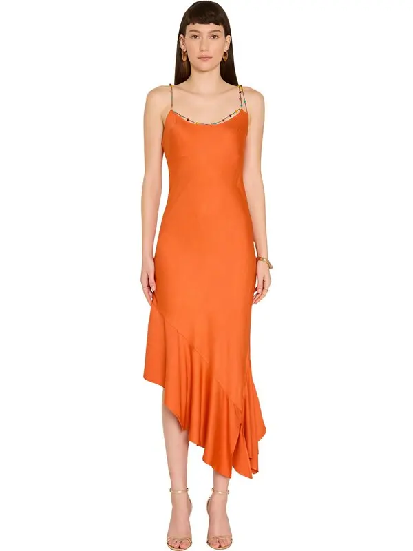 Amanda Uprichard Eros Midi Dress With Asymmetrical Hem And Beaded Straps - Pomelo
