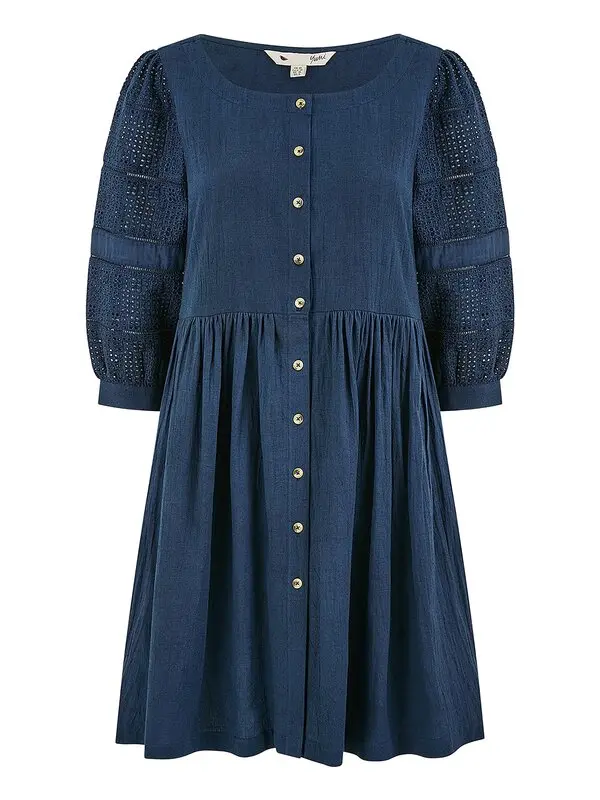 YUMI Cotton Tunic With Broderie Anglaise Puff Sleeves - Blue