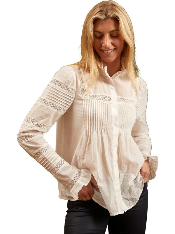 GUINEA Cotton Pintuck & Lace Blouse - White