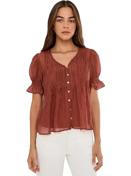 Vince Camuto Pintuck Puff Sleeve V-neck Blouse - Brown