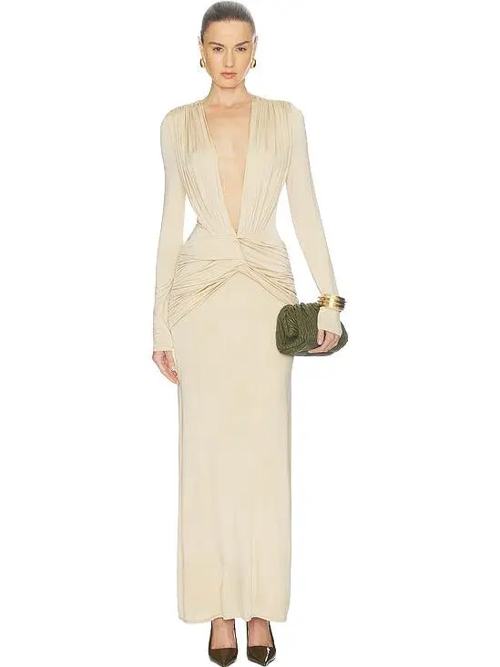 Shona Joy Long Sleeve Plunged Maxi Dress - Sand