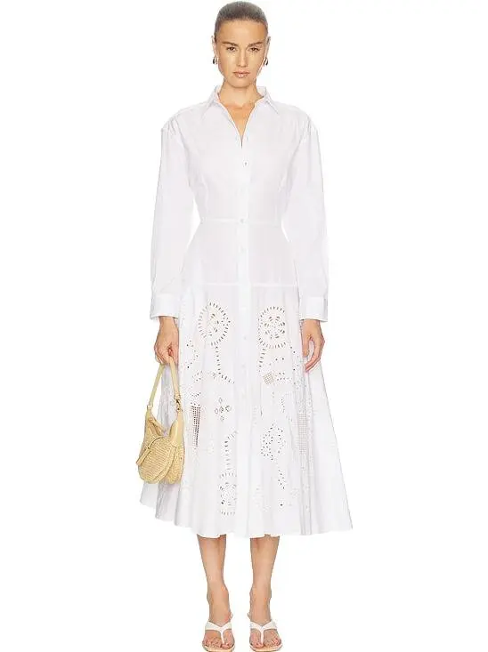 Polo Ralph Lauren Collared Long Sleeve Shirt Dress With Eyelet Skirt Detail - White