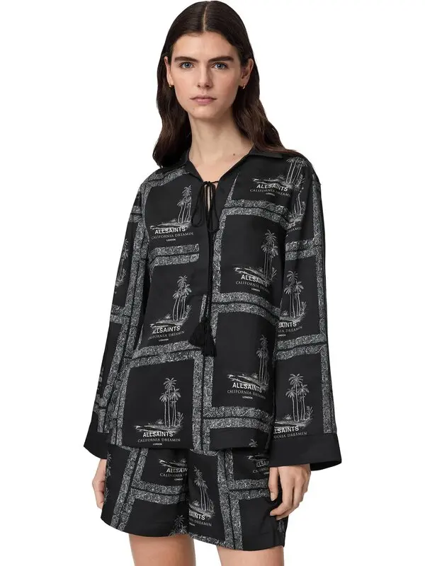 ALLSAINTS Lettie Pleated Long Sleeve Shirt With Tassel Closure - Black