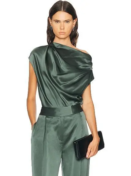 THE SEI Asymmetrical Draped Satin Top - Thyme