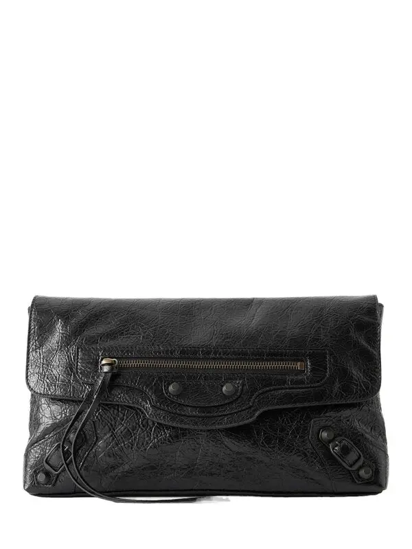Balenciaga Le City Crinkled Leather Clutch With Studs - Black