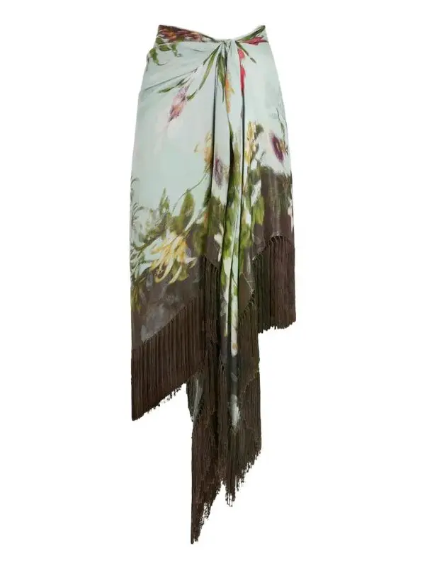 Oscar De La Renta Dominican Mixed-floral Fringe Skirt - Blue