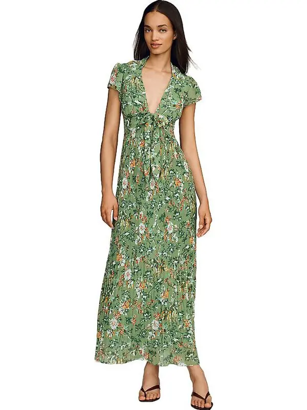 Anthropologie V-neck Tie Midi Dress - Green Pattern
