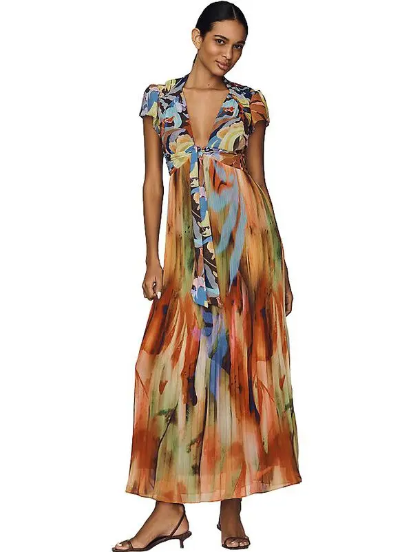 Anthropologie V-neck Tie Midi Dress - Red Pattern