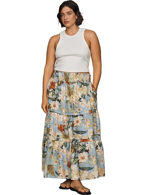 THE SOMERSET COLLECTION BY ANTHROPOLOGIE Tiered Floral Linen Maxi Skirt - Botanical Pattern