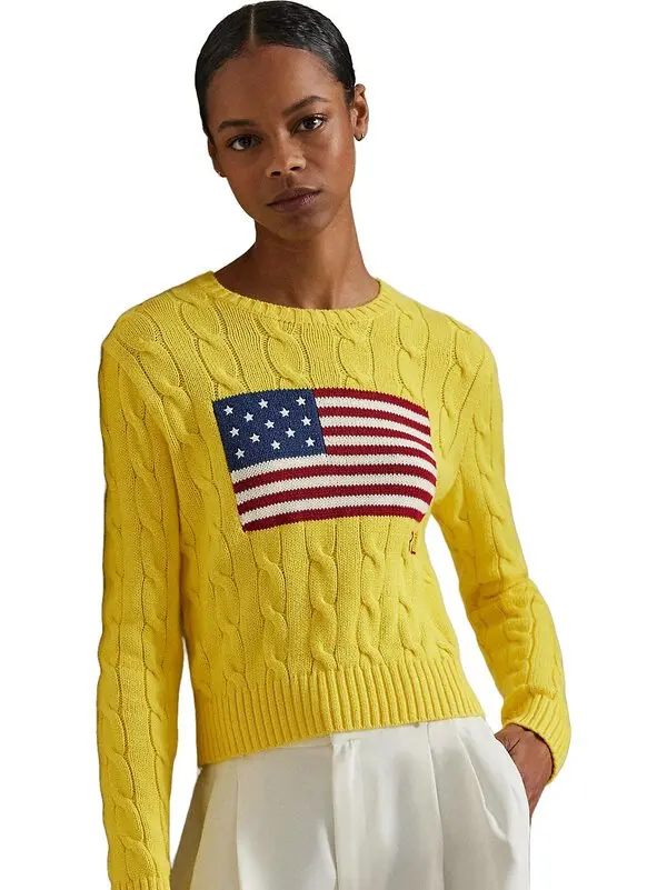 Ralph Lauren Flag Cable-knit Cotton Cropped Sweater - Lemon Crush
