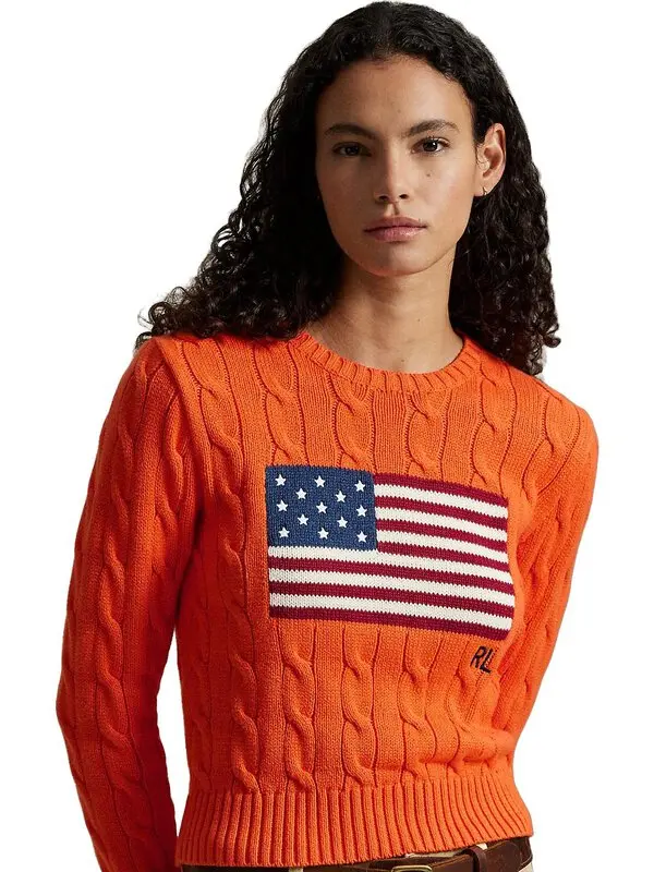Ralph Lauren Flag Cable-knit Cotton Cropped Sweater - Sailing Orange