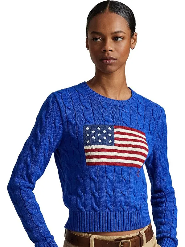 Ralph Lauren Flag Cable-knit Cotton Cropped Sweater - Sapphire Star