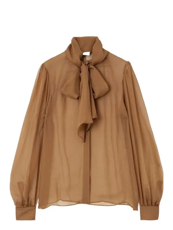 Saint Laurent Pussy-bow Long-sleeved Shirt - Camel