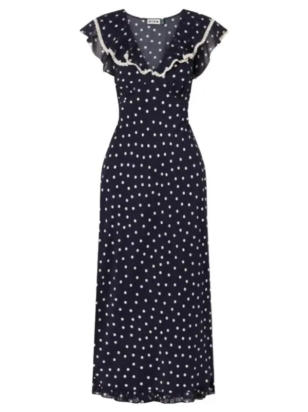 Rixo Polka Dot V-neck Midi Dress With Crochet Lace Trim - Black