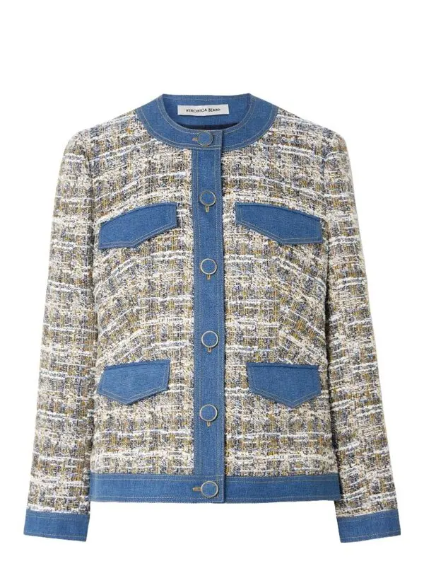 Veronica Beard Ainslie Denim-trimmed Cotton-blend Tweed Jacket - Navy