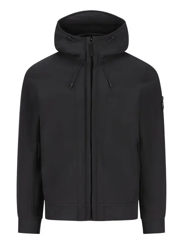 Stone Island Logo Patch Drawstring Hooded Jacket - Black