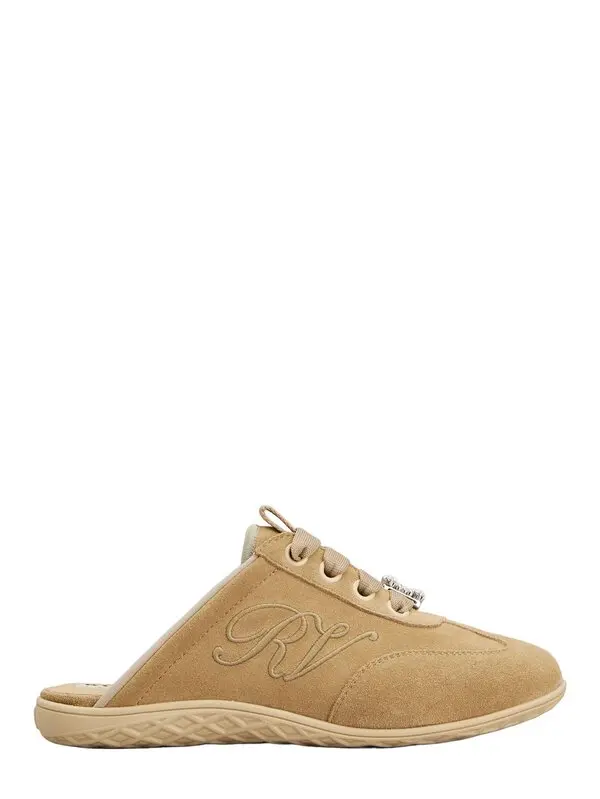 ROGER VIVIER Suede Viv Low Mules With Crystal Buckle - Camel