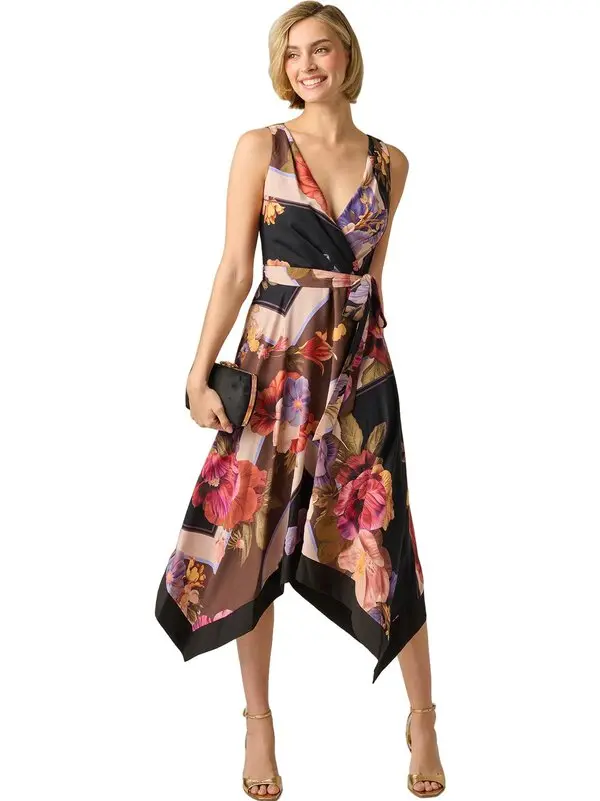 Adrianna Papell Floral Print Handkerchief Midi Dress - Black Multi