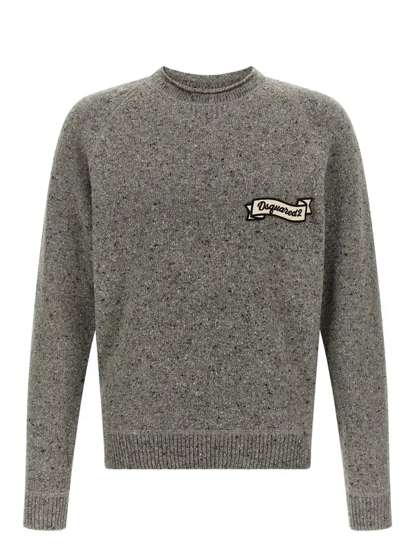 Dsquared2 Knit Wool Sweater With Contrast Stitching And Logo Patch - Gray