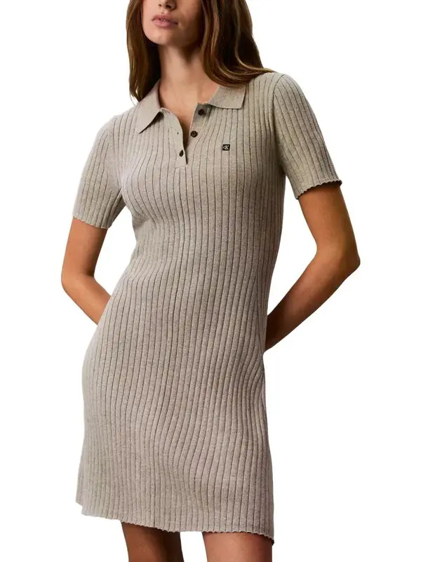 Calvin Klein Ribbed Knit Polo Mini Dress - Grey