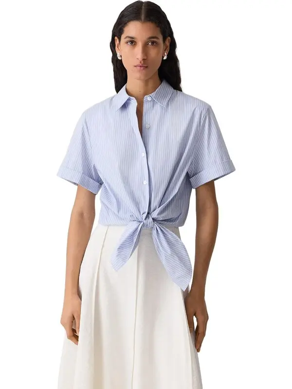 Theory Striped Cotton-blend Tie-front Shirt - Blue Multi