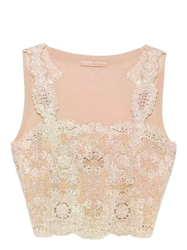 Ermanno Scervino Beige Lace Embellished Cropped Top - Neutrals