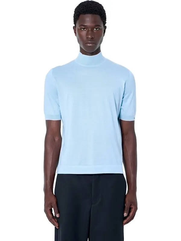 Prada Ribbed Knit Mock Neck Short Sleeve Top - Blue