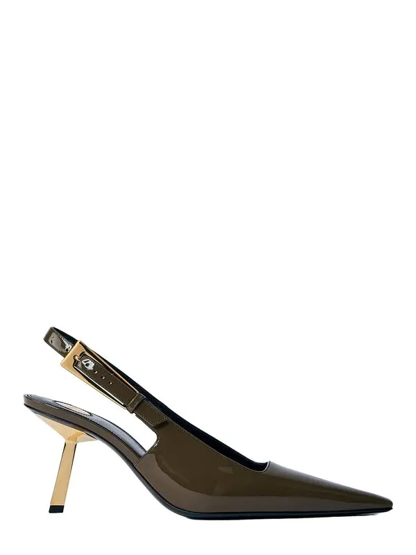 Saint Laurent Patent Leather Slingback Pumps With Gold-tone Heel - Brown