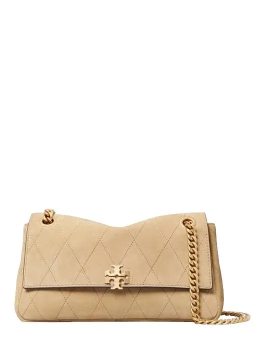 Tory Burch Charlie Quilted Suede Small Shoulder Bag - Stone