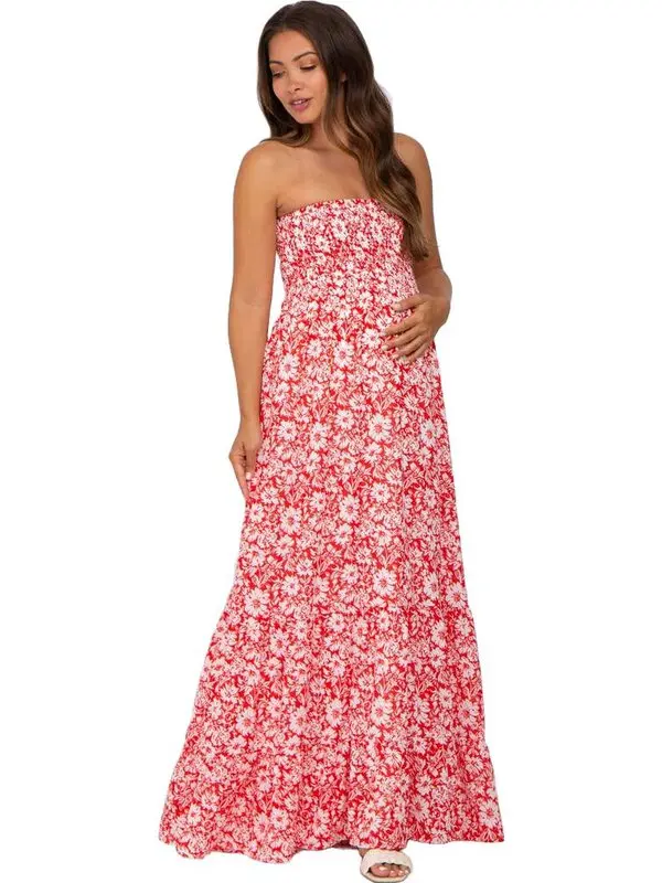PINKBLUSH Strapless Floral Print Smocked Maxi Dress - Red