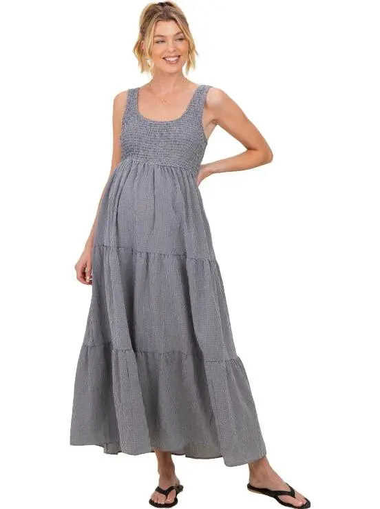 PINKBLUSH Gingham Smocked Bodice Tiered Maternity Maxi Dress - Black