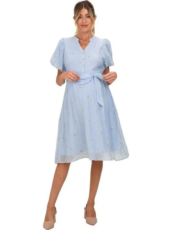 PINKBLUSH Floral Embroidered Puff Sleeve Tie Waist Maternity Dress - Blue