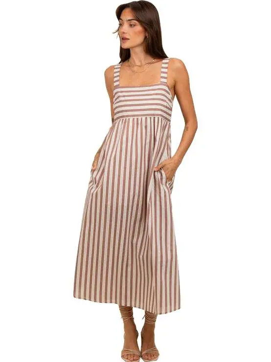 PINKBLUSH Striped Sleeveless Square Neck Midi Dress With Pockets - Mocha