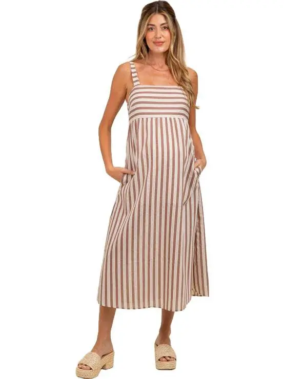 PINKBLUSH Striped Sleeveless Square Neck Midi Dress With Pockets - Mocha