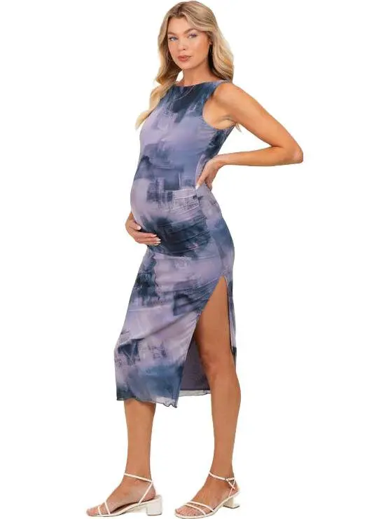 PINKBLUSH Sleeveless Mesh Abstract Print Midi Maternity Dress - Blue