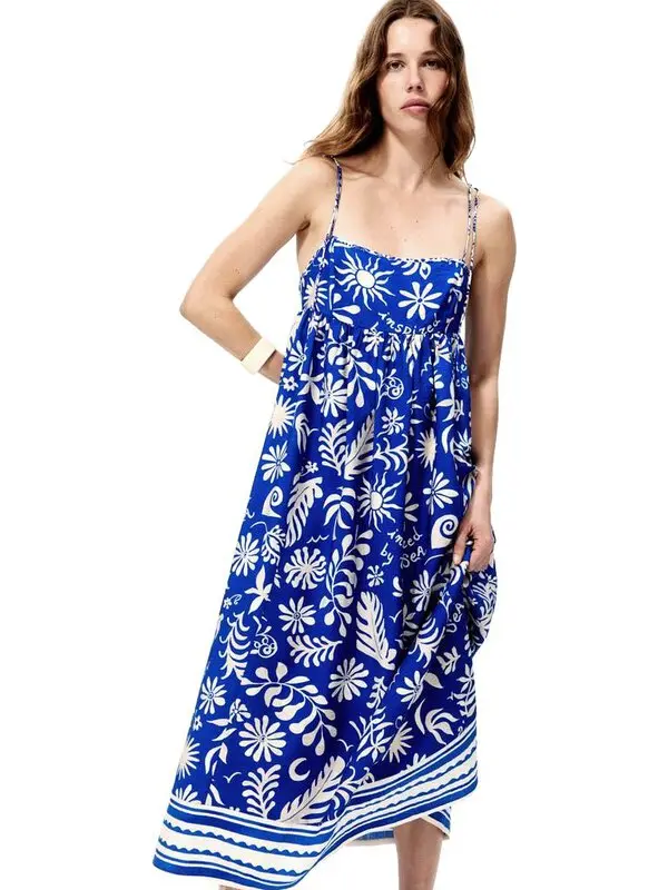 H&m Tie-strap Midi Dress - Blue/patterned