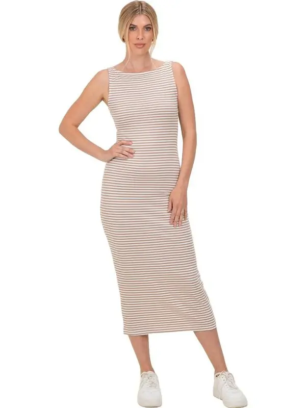 PINKBLUSH Striped Boatneck Sleeveless Maternity Midi Dress - Mocha