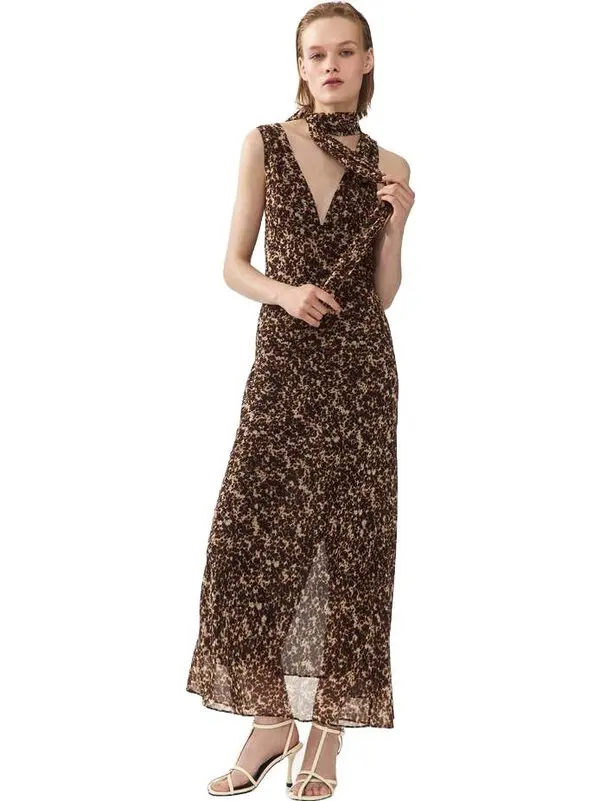H&m Long Chiffon Dress With Scarf Detail - Dark Brown/patterned