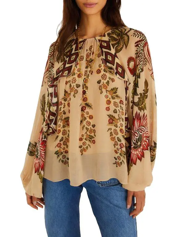 Farm Rio Floral Cascade Long Sleeve Top - Orange