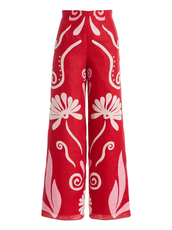 CALA DE LA CRUZ Graphic Print Wide-leg Linen Pants - Red