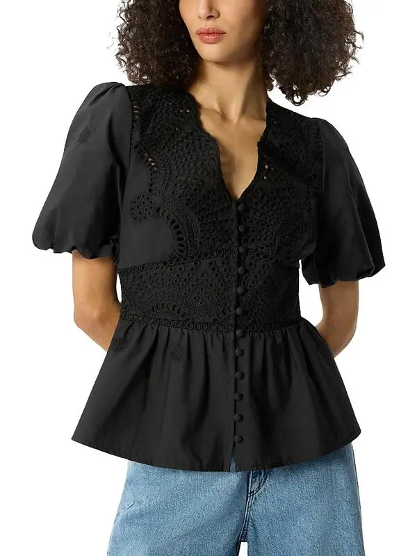 Whistles Cotton Broderie V-neck Blouse - Black