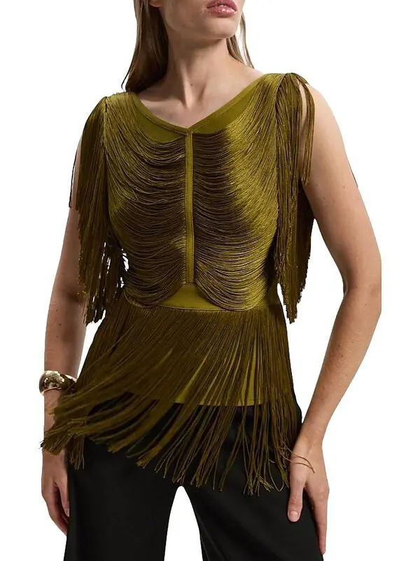 Karen Millen Draped Fringe Knitted Top - Olive