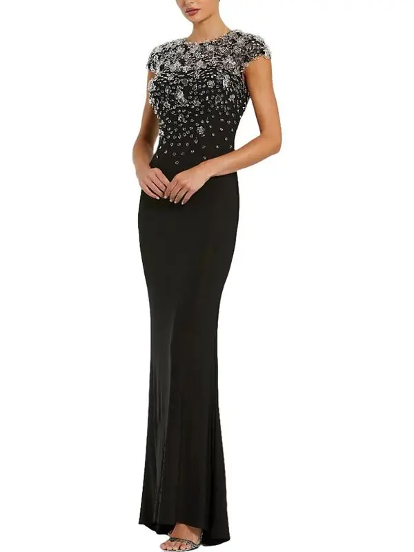 Mac Duggal Embellished Jersey Fitted Cap Sleeve Gown - Black