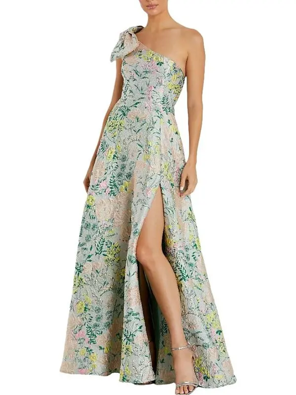 Mac Duggal One Shoulder Brocade Gown With Bow Detail - Pastel Multi