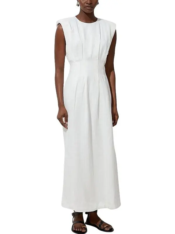 Karen Millen Linen Blend Pin Tucked Midi Dress - White
