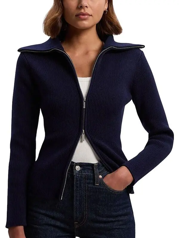 Karen Millen Cotton Zip Through Collared Knit Cardigan - Navy