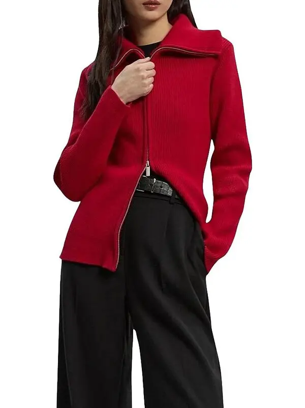 Karen Millen Cotton Zip Through Collared Knit Cardigan - Red