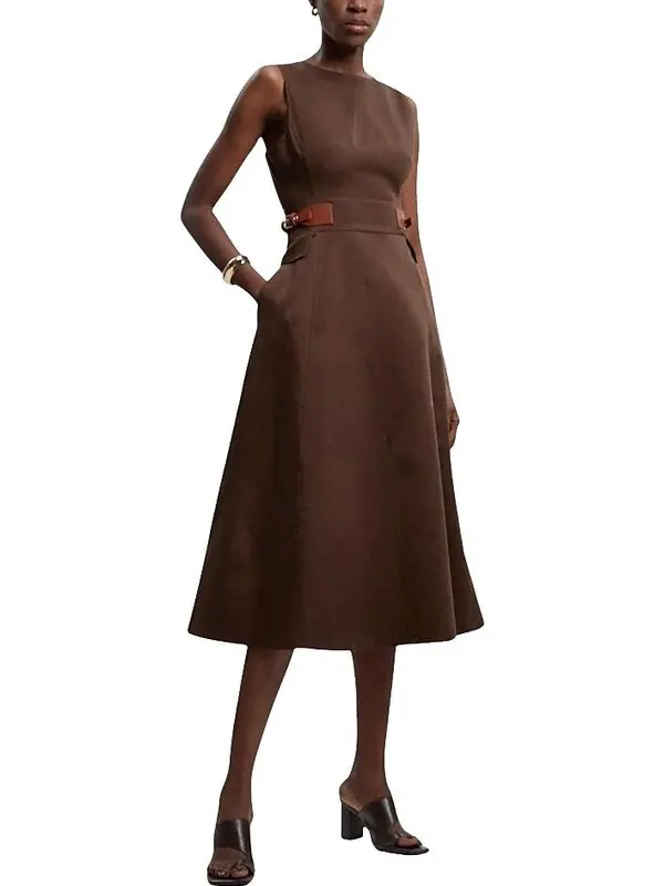 Karen Millen Belted Crewneck Midi Dress - Chocolate